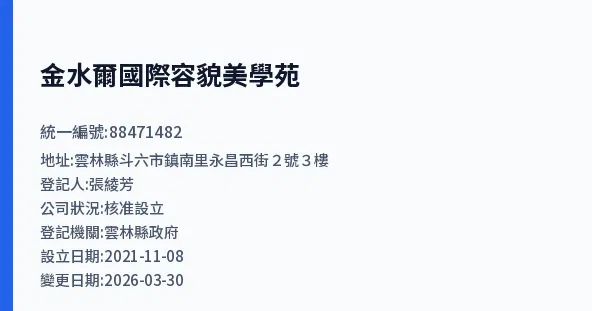 金水爾國際容貌美學苑的照片-統編 88471482(雲林縣) 公司登記資料與營業項目詳細圖表