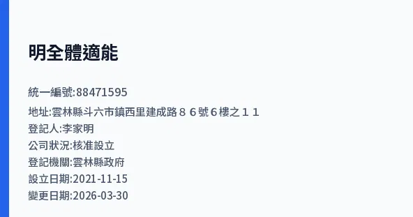明全體適能的照片-統編 88471595(雲林縣) 公司登記資料與營業項目詳細圖表