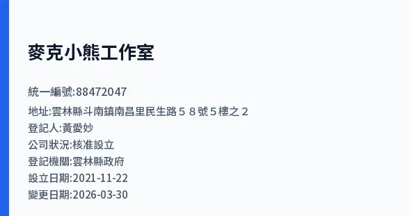 麥克小熊工作室的照片-統編 88472047(雲林縣) 公司登記資料與營業項目詳細圖表