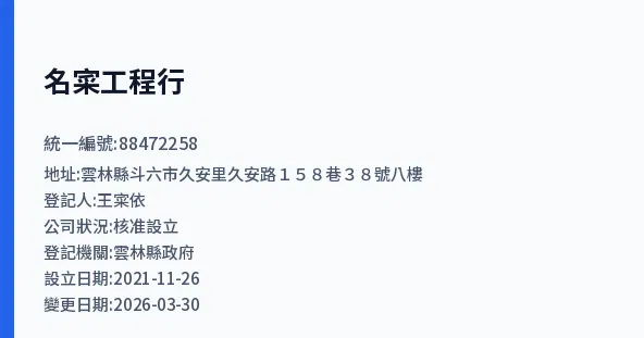 名寀工程行的照片-統編 88472258(雲林縣) 公司登記資料與營業項目詳細圖表