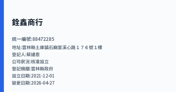 銓鑫商行的照片-統編 88472285(雲林縣) 公司登記資料與營業項目詳細圖表