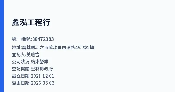 鑫泓工程行的照片-統編 88472383(雲林縣) 公司登記資料與營業項目詳細圖表