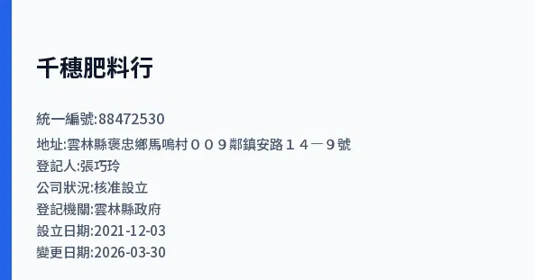 千穗肥料行的照片-統編 88472530(雲林縣) 公司登記資料與營業項目詳細圖表