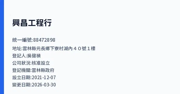 興昌工程行的照片-統編 88472898(雲林縣) 公司登記資料與營業項目詳細圖表