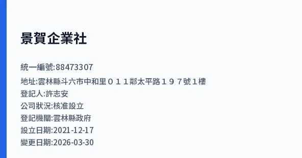 景賀企業社的照片-統編 88473307(雲林縣) 公司登記資料與營業項目詳細圖表