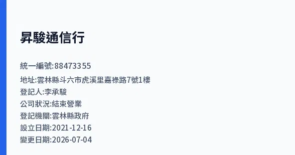 昇駿通信行的照片-統編 88473355(雲林縣) 公司登記資料與營業項目詳細圖表