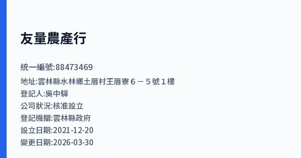 友量農產行的照片-統編 88473469(雲林縣) 公司登記資料與營業項目詳細圖表