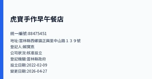 虎寶手作早午餐店的照片-統編 88475451(雲林縣) 公司登記資料與營業項目詳細圖表
