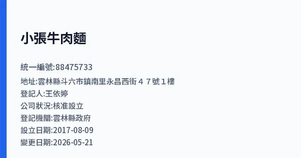 小張牛肉麵的照片-統編 88475733(雲林縣) 公司登記資料與營業項目詳細圖表