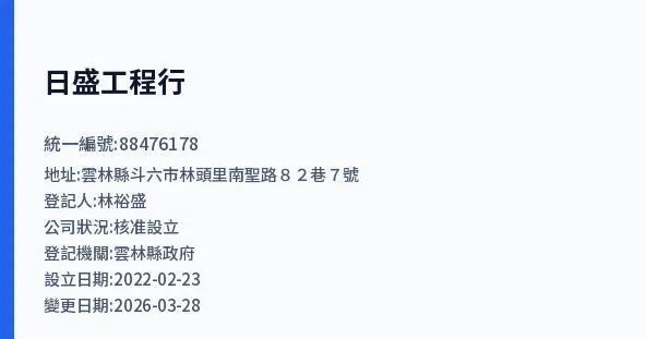 日盛工程行的照片-統編 88476178(雲林縣) 公司登記資料與營業項目詳細圖表
