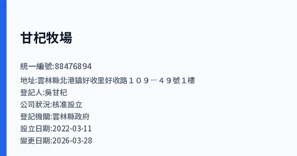 甘杞牧場的照片-統編 88476894(雲林縣) 公司登記資料與營業項目詳細圖表