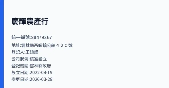 慶輝農產行的照片-統編 88479267(雲林縣) 公司登記資料與營業項目詳細圖表