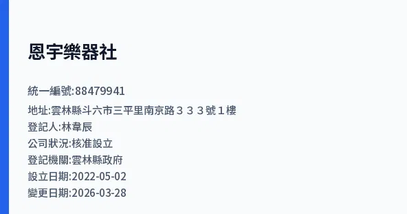 恩宇樂器社的照片-統編 88479941(雲林縣) 公司登記資料與營業項目詳細圖表