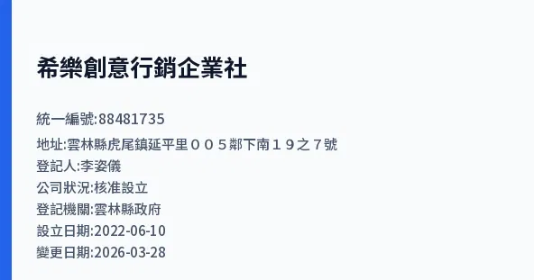 希樂創意行銷企業社的照片-統編 88481735(雲林縣) 公司登記資料與營業項目詳細圖表