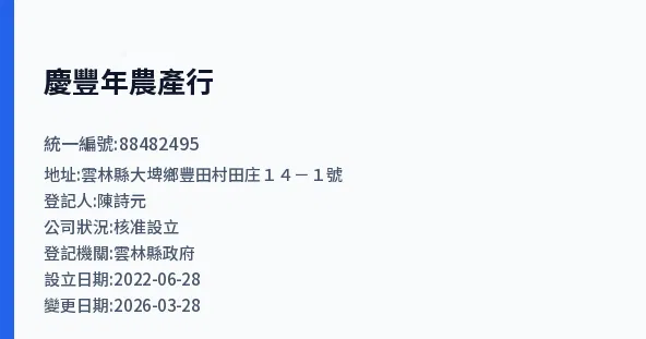 慶豐年農產行的照片-統編 88482495(雲林縣) 公司登記資料與營業項目詳細圖表