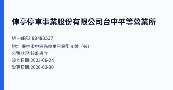 俥亭停車事業股份有限公司台中平等營業所的照片-統編 88483537(臺中市) 公司登記資料與營業項目詳細圖表