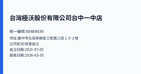 台灣極沃股份有限公司台中一中店的照片-統編 88484439(臺中市) 公司登記資料與營業項目詳細圖表