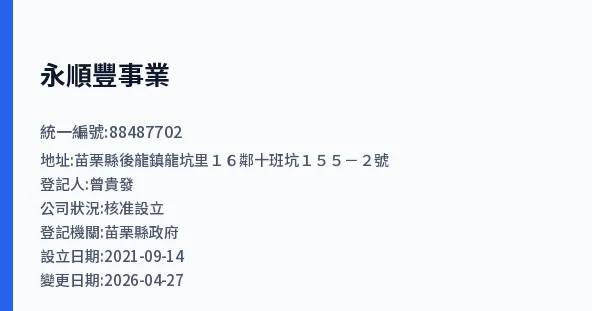 永順豐事業的照片-統編 88487702(苗栗縣) 公司登記資料與營業項目詳細圖表