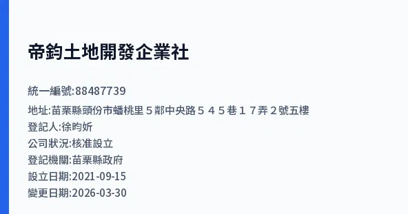 帝鈞土地開發企業社的照片-統編 88487739(苗栗縣) 公司登記資料與營業項目詳細圖表