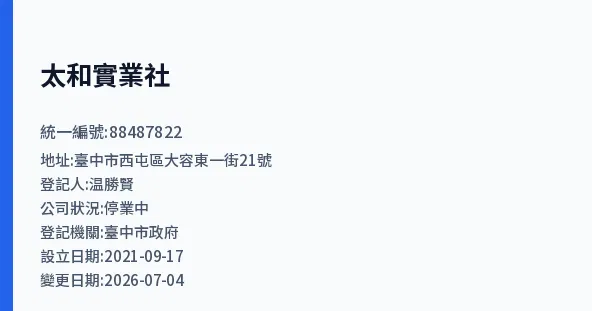 太和實業社的照片-統編 88487822(臺中市) 公司登記資料與營業項目詳細圖表