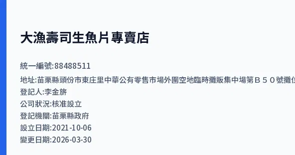 大漁壽司生魚片專賣店的照片-統編 88488511(苗栗縣) 公司登記資料與營業項目詳細圖表