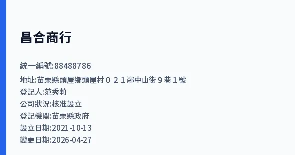 昌合商行的照片-統編 88488786(苗栗縣) 公司登記資料與營業項目詳細圖表