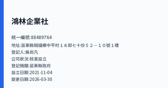 鴻林企業社的照片-統編 88489764(苗栗縣) 公司登記資料與營業項目詳細圖表