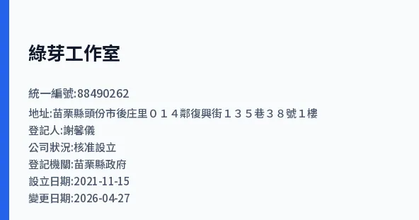 綠芽工作室的照片-統編 88490262(苗栗縣) 公司登記資料與營業項目詳細圖表