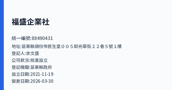 福盛企業社的照片-統編 88490431(苗栗縣) 公司登記資料與營業項目詳細圖表