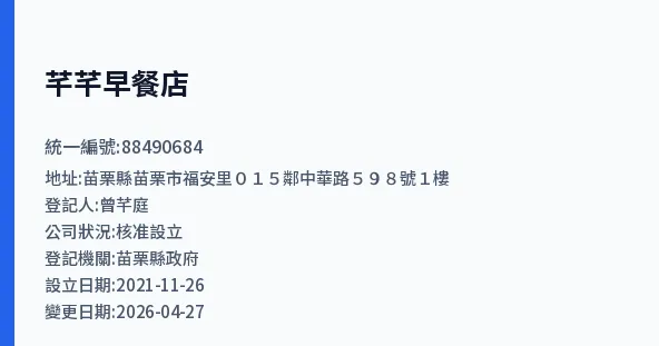 芊芊早餐店的照片-統編 88490684(苗栗縣) 公司登記資料與營業項目詳細圖表