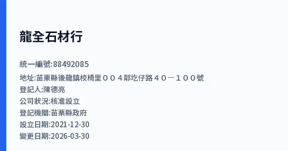 龍全石材行的照片-統編 88492085(苗栗縣) 公司登記資料與營業項目詳細圖表