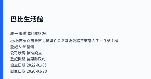 巴比生活館的照片-統編 88492326(苗栗縣) 公司登記資料與營業項目詳細圖表
