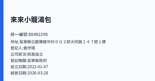 來來小籠湯包的照片-統編 88492395(苗栗縣) 公司登記資料與營業項目詳細圖表