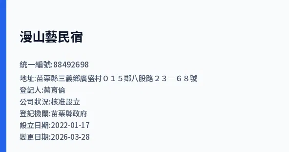 漫山藝民宿的照片-統編 88492698(苗栗縣) 公司登記資料與營業項目詳細圖表