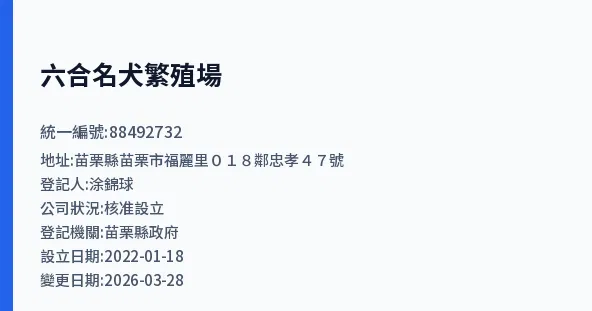 六合名犬繁殖場的照片-統編 88492732(苗栗縣) 公司登記資料與營業項目詳細圖表
