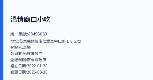 溫情廟口小吃的照片-統編 88493063(苗栗縣) 公司登記資料與營業項目詳細圖表