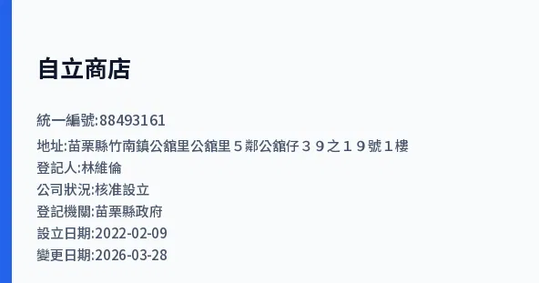 自立商店的照片-統編 88493161(苗栗縣) 公司登記資料與營業項目詳細圖表