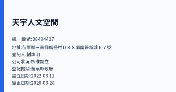 天宇人文空間的照片-統編 88494437(苗栗縣) 公司登記資料與營業項目詳細圖表