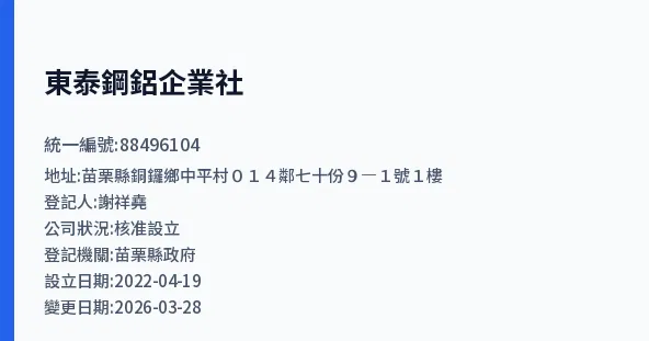 東泰鋼鋁企業社的照片-統編 88496104(苗栗縣) 公司登記資料與營業項目詳細圖表