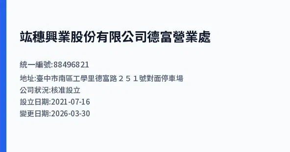 竑穗興業股份有限公司德富營業處的照片-統編 88496821(臺中市) 公司登記資料與營業項目詳細圖表