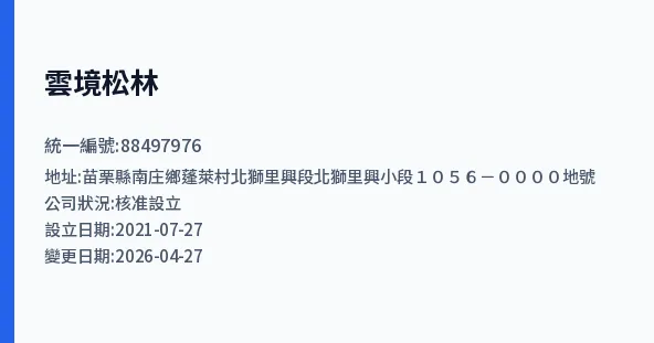 雲境松林的照片-統編 88497976(苗栗縣) 公司登記資料與營業項目詳細圖表