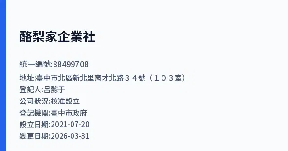 酪梨家企業社的照片-統編 88499708(臺中市) 公司登記資料與營業項目詳細圖表