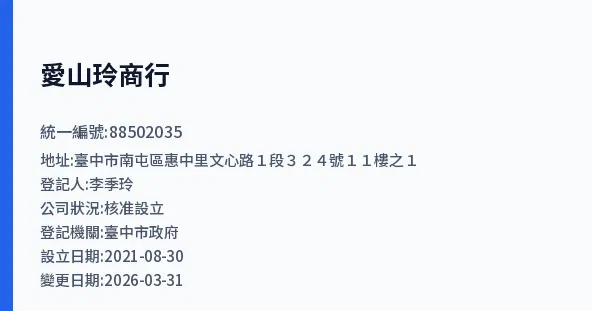 愛山玲商行的照片-統編 88502035(臺中市) 公司登記資料與營業項目詳細圖表