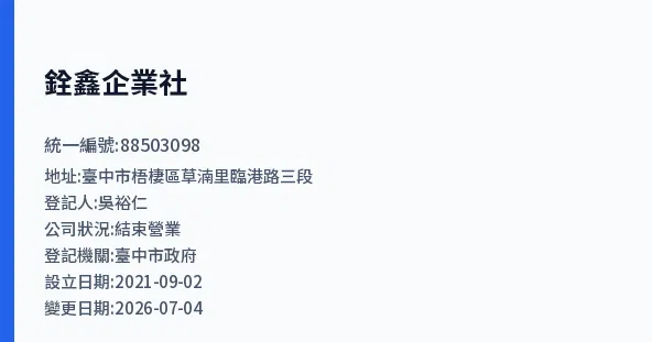 銓鑫企業社的照片-統編 88503098(臺中市) 公司登記資料與營業項目詳細圖表