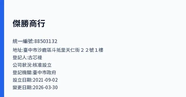 傑勝商行的照片-統編 88503132(臺中市) 公司登記資料與營業項目詳細圖表