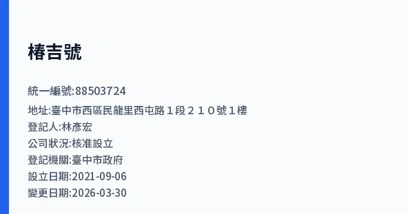 椿吉號的照片-統編 88503724(臺中市) 公司登記資料與營業項目詳細圖表