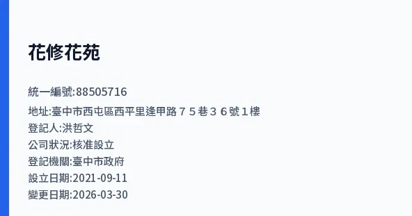 花修花苑的照片-統編 88505716(臺中市) 公司登記資料與營業項目詳細圖表