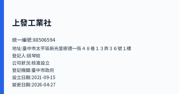 上發工業社的照片-統編 88506594(臺中市) 公司登記資料與營業項目詳細圖表