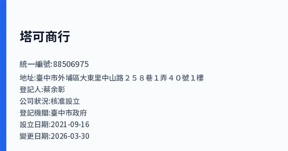 塔可商行的照片-統編 88506975(臺中市) 公司登記資料與營業項目詳細圖表