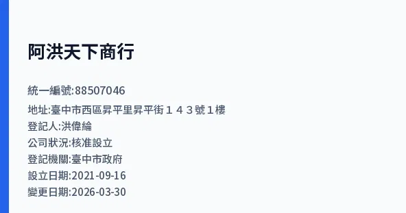 阿洪天下商行的照片-統編 88507046(臺中市) 公司登記資料與營業項目詳細圖表